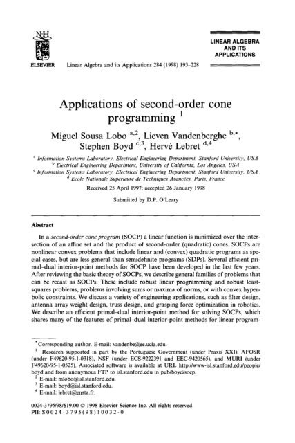 Applications Of Second Order Cone Programming Ucla Electrical