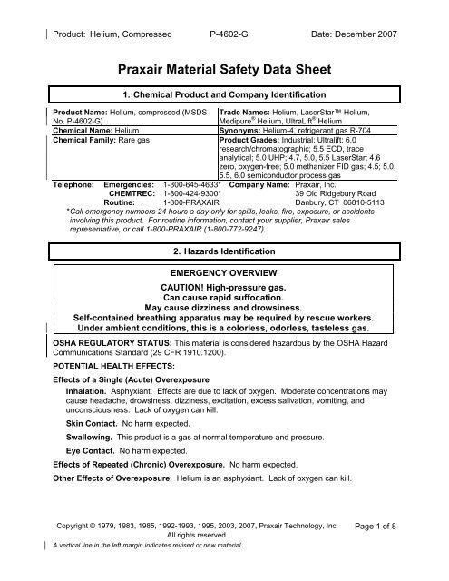 Helium Material Safety Data Sheet Provided by Praxair, Supplier of ...