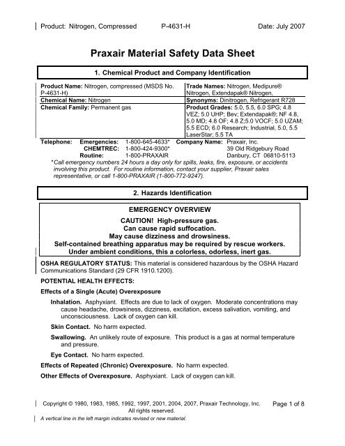 Nitrogen Gas Material Safety Data Sheet Provided by Praxair ...