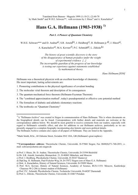 Hans G.A. Hellmann (1903-1938) - Theoretische Chemie
