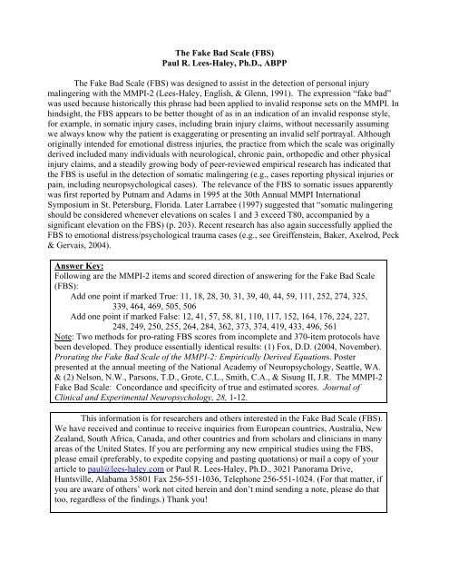 The Fake Bad Scale (FBS) Paul R. Lees-Haley, Ph.D., ABPP The ...
