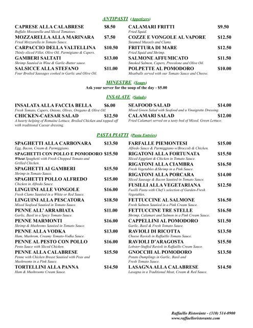 DINNER menu - Raffaello Ristorante