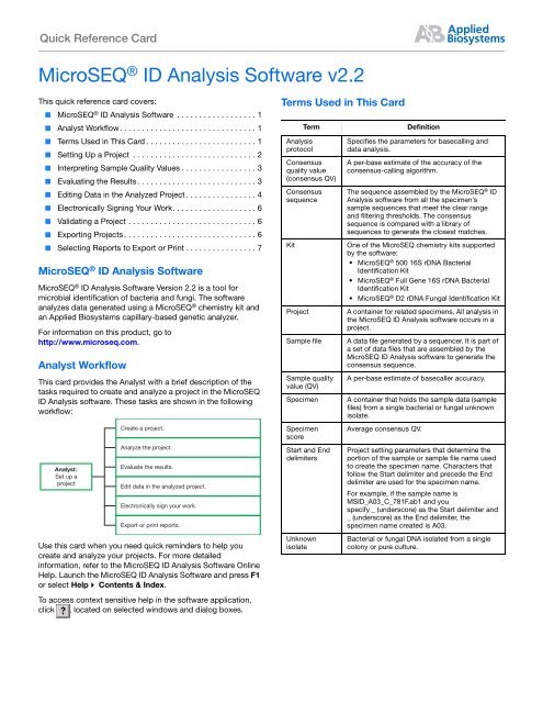 MicroSEQ® ID Analysis Software v2.2 Quick Reference Card (PN ...