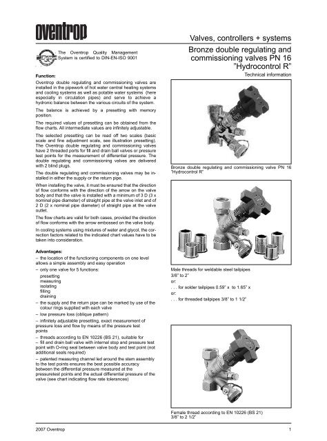 Valves, controllers + systems Bronze double regulating ... - Oventrop