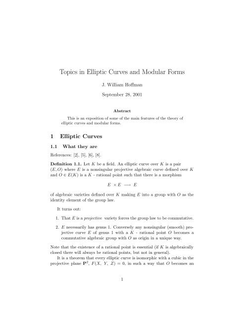 Topics In Elliptic Curves And Modular Forms