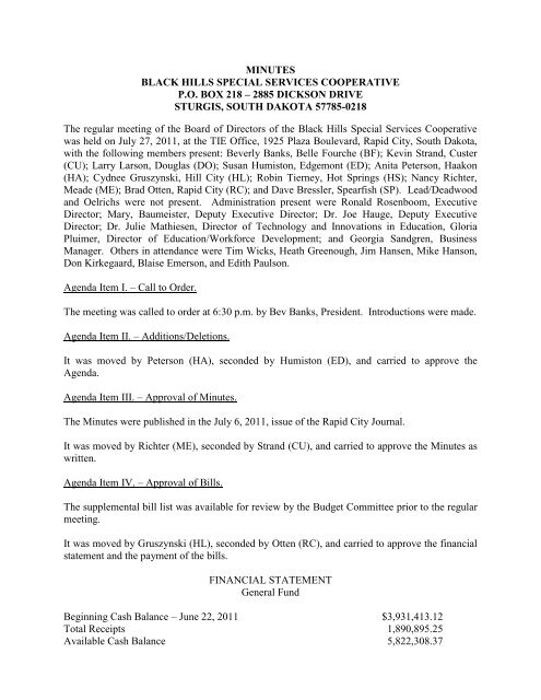 MINUTES BLACK HILLS SPECIAL SERVICES COOPERATIVE P.O.