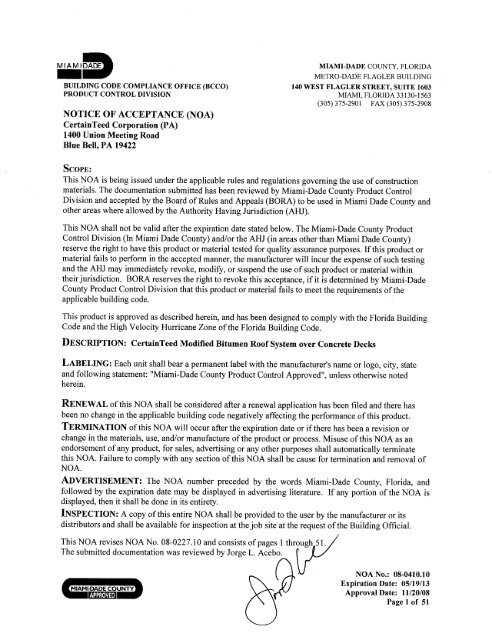 CertainTeed - Miami-Dade NOA - Modified Bitumen ... - BuildSite.com