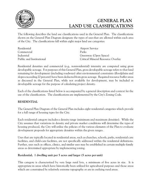 GENERAL PLAN LAND USE CLASSIFICATIONS - City of Redding