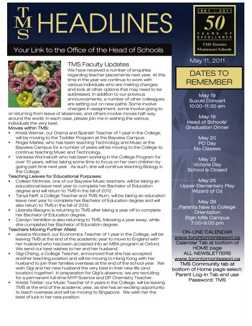 DATES TO REMEMBER - TMS Community