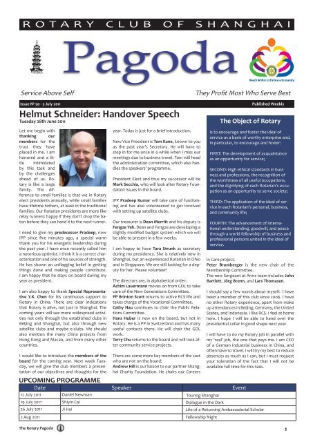 Helmut Schneider: Handover Speech - the Rotary Club of Shanghai