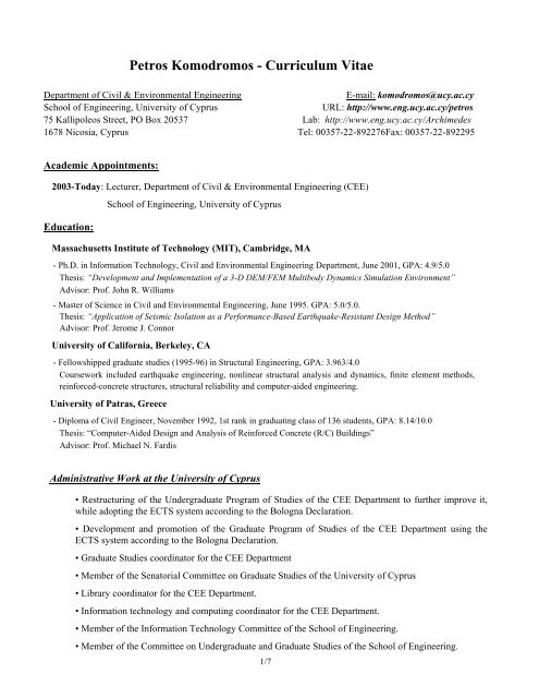 Petros Komodromos - Curriculum Vitae - University of Cyprus