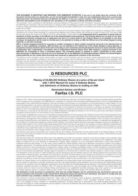 AIM - Q Resources PLC