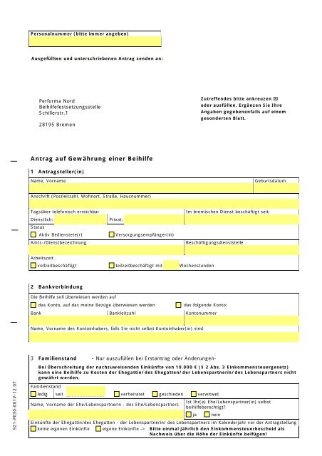 Antrag für die Beihilfe - Performa Nord