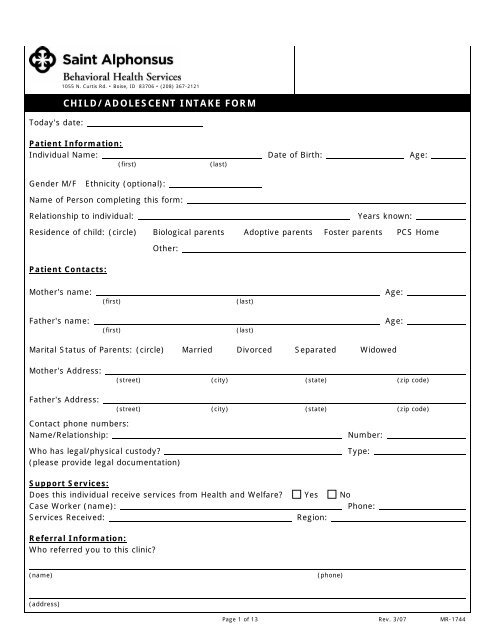 child/adolescent intake form - Saint Alphonsus Regional Medical ...