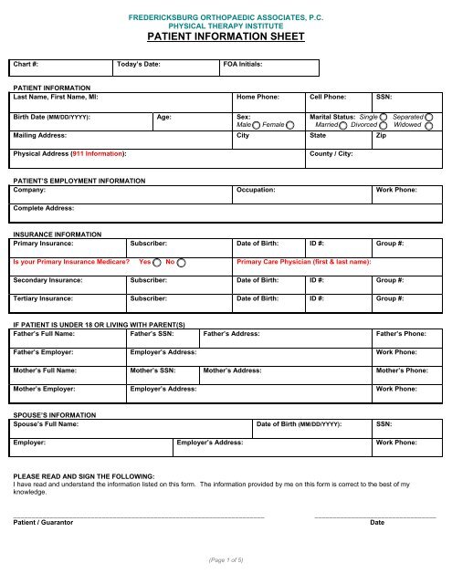 patient information sheet - Fredericksburg Orthopaedic Associates