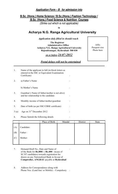 Application Form - Acharya N.G. Ranga Agricultural University