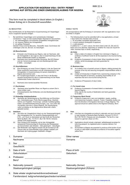 IMM 22 A APPLICATION FOR NIGERIAN VISA / ENTRY PERMIT ...