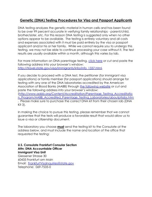 Genetic (DNA) Testing Procedures for Visa and Passport ... - Germany