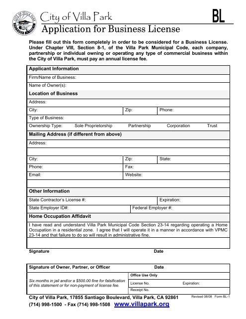 Business License Application - City of Villa Park