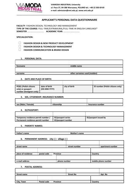 APPLICANT'S PERSONAL DATA QUESTIONNAIRE - Viamoda