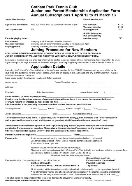 Junior and parents application form - Cotham Park Tennis Club