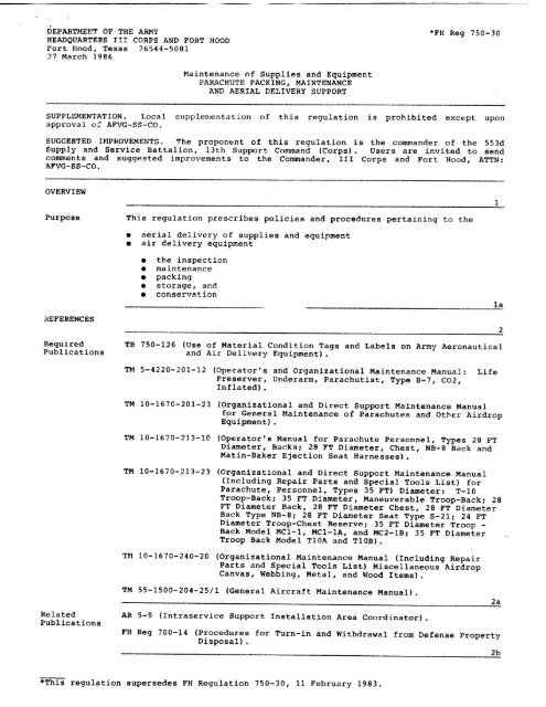 DEPARTMENT OF > THE ARMY *FH Reg 750-30 ...