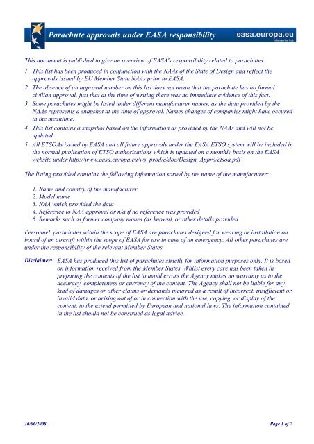 Parachute approvals under EASA responsibility - EASA - Europa