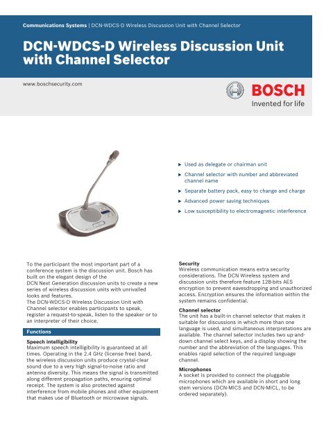 DCN‑WDCS‑D Wireless Discussion Unit - Bosch Security Systems