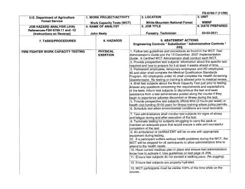 2011 Work Capacity Test Job Hazard Analysis (JHA - USDA Forest ...
