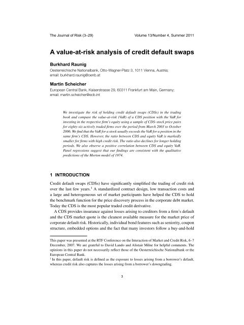 A value-at-risk analysis of credit default swaps - Risk.net
