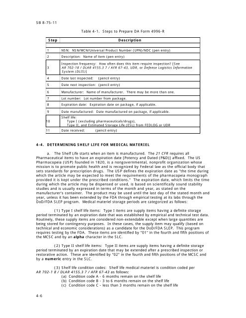 SB 8-75-11 4-6 Table 4-1.
