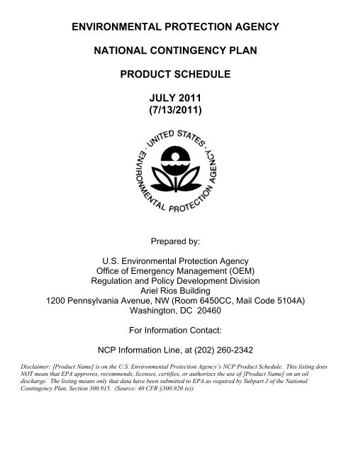 EPA National Contingency Plan Product Schedule (July 2011)