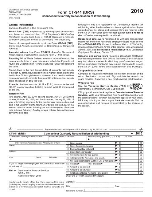 Form CT-941 (DRS), Connecticut Quarterly Reconciliation ... - CT.gov