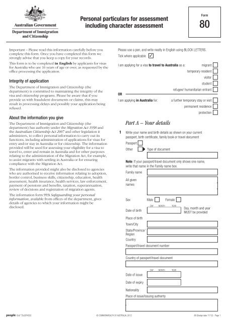 Form 80 - Department of Immigration & Citizenship