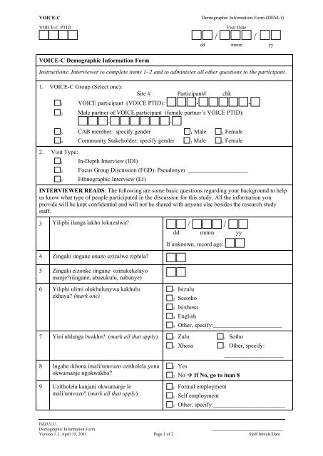 Demographic CRF (Zulu Translation)