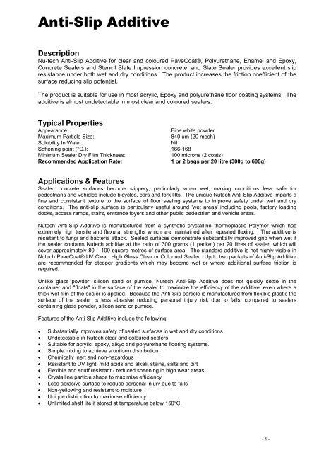 Nutech Anti-Slip Additive Data Sheet