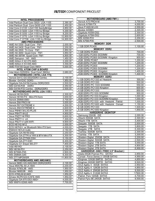 NUTECH COMPONENT PRICELIST