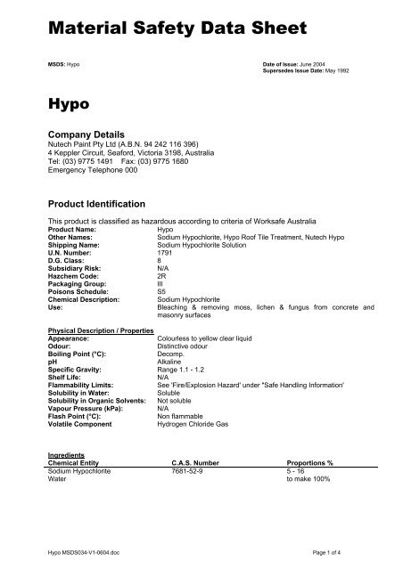 Material Safety Data Sheet - Nutech Paint