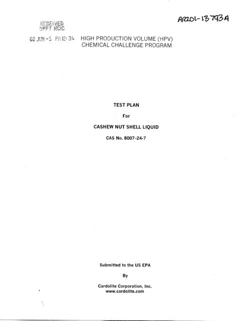 Cardolite Test Plan for Cashew Nut Shell Liquid - US Environmental ...