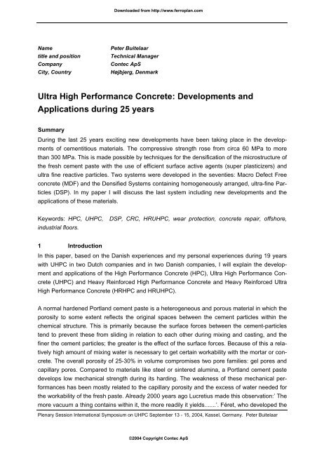 Ultra High Performance Concrete: Developments ... - CONTEC ApS