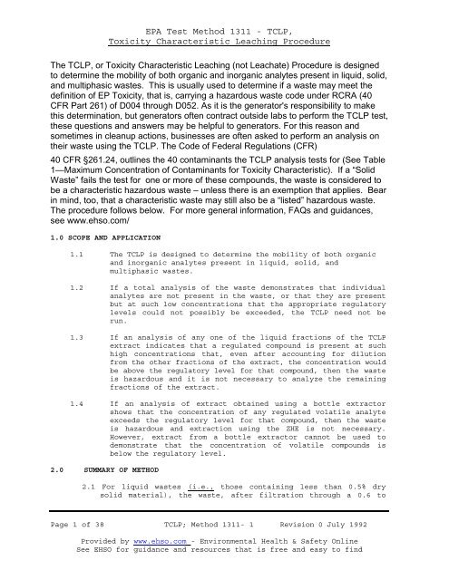 EPA Test Method 1311 - TCLP, Toxicity Characteristic ... - EHSO.com