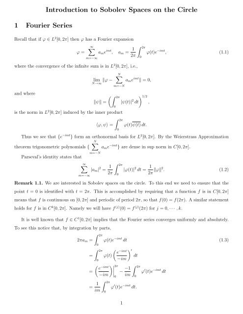 Introduction To Sobolev Spaces On The Circle 1 Fourier Series