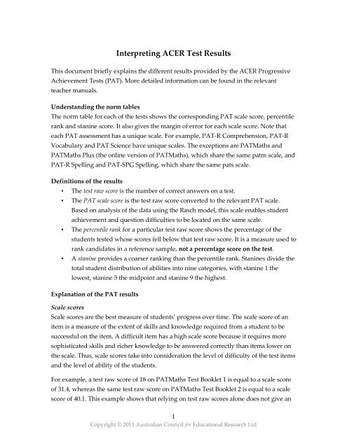 Interpreting ACER Test Results
