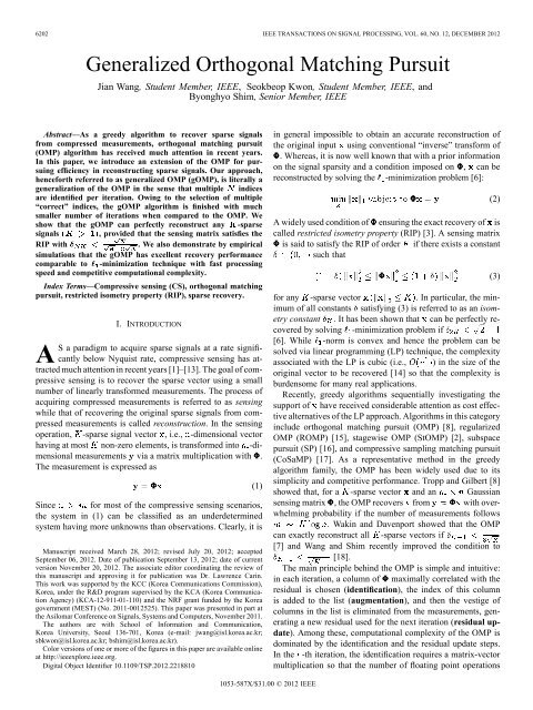 Generalized Orthogonal Matching Pursuit - Byonghyo Shim