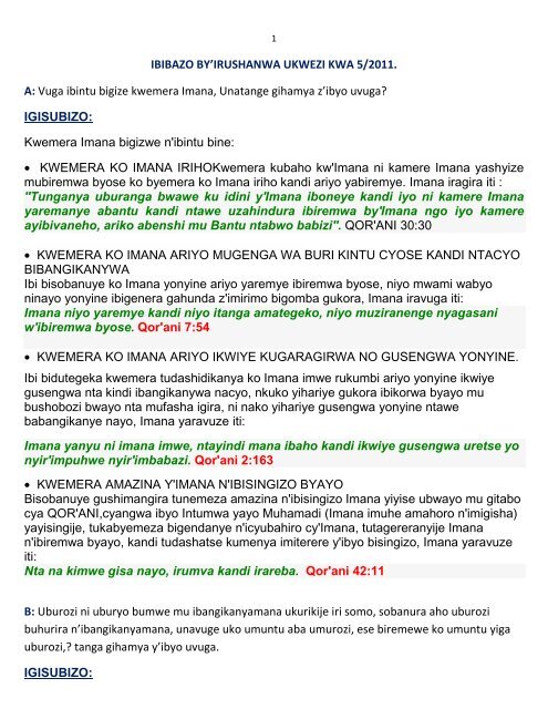 Ibibazo n'Ibisubizo ukwezi 5 - Ijwi Rya Islam Mu Rwanda