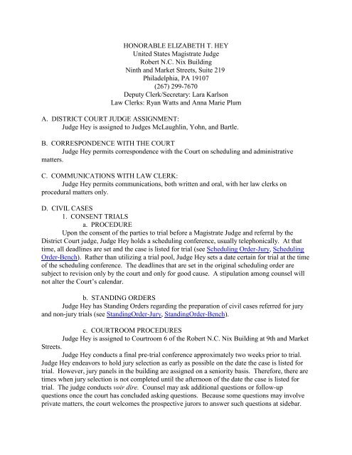 HONORABLE ELIZABETH T. HEY United States Magistrate Judge ...