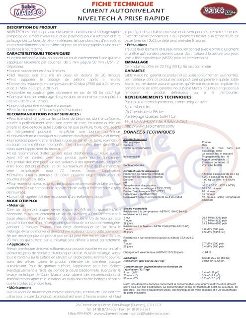 fiche technique ciment autonivelant niveltech à ... - Sable Marco Inc.