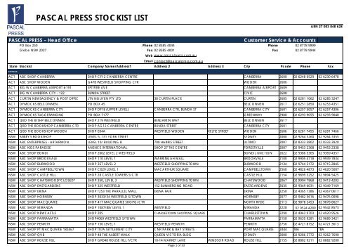 Stockist List - Bookshop 2012 - Pascal Press