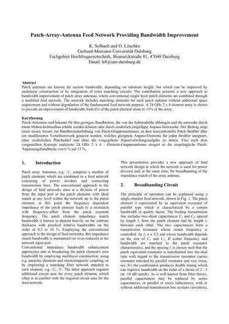 Patch-Array-Antenna Feed Network Providing Bandwidth Improvement