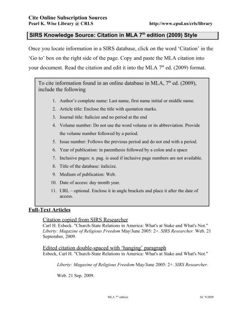 SIRS: Citation Examples in MLA, 7th edition Style
